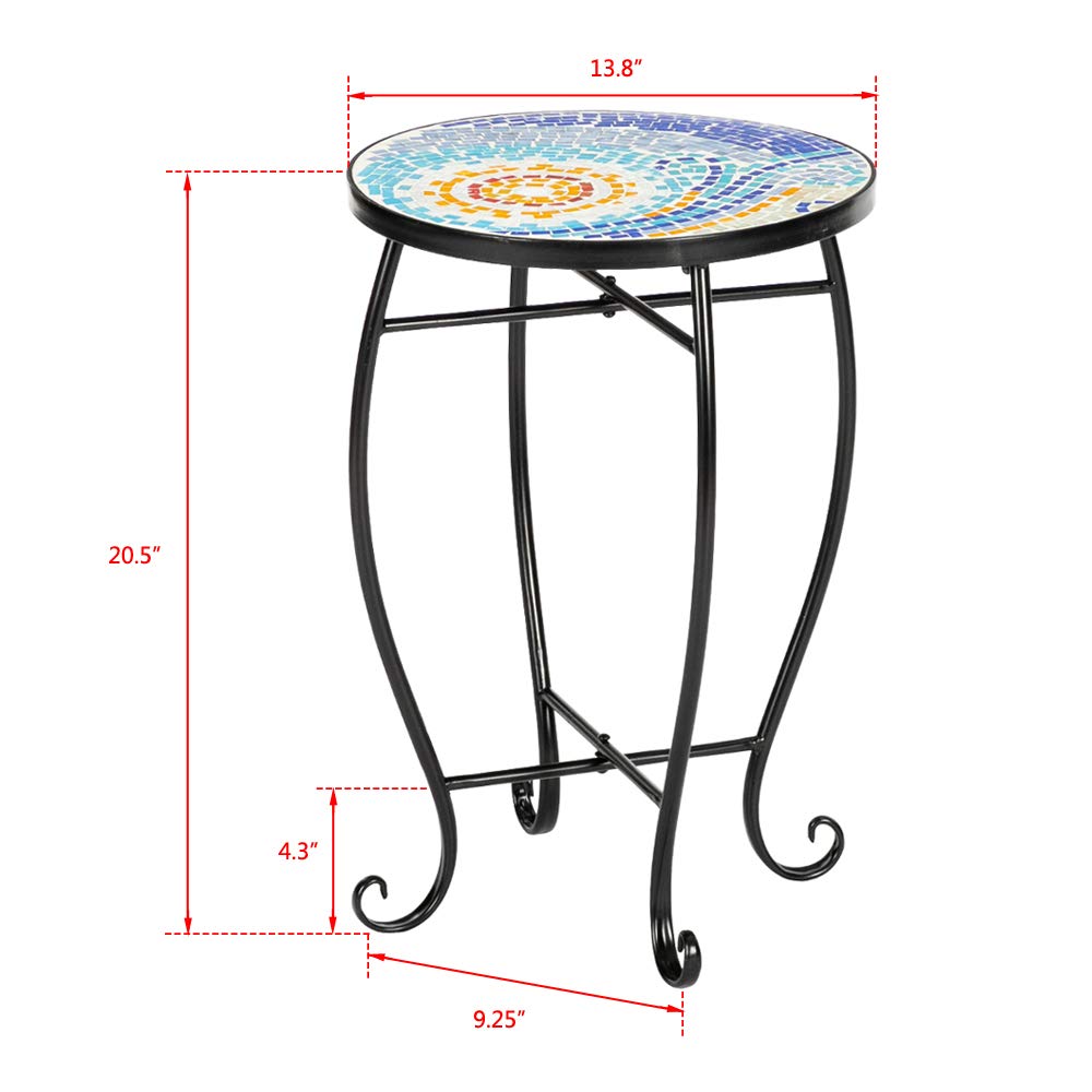 OOTDxvv Outdoor Side Table, 14inch Mosaic Patio Table Accent Table Plant Stand Small End Table with Coloured Glass for Porch Beach Patio Garden Balcony Poolside (D)