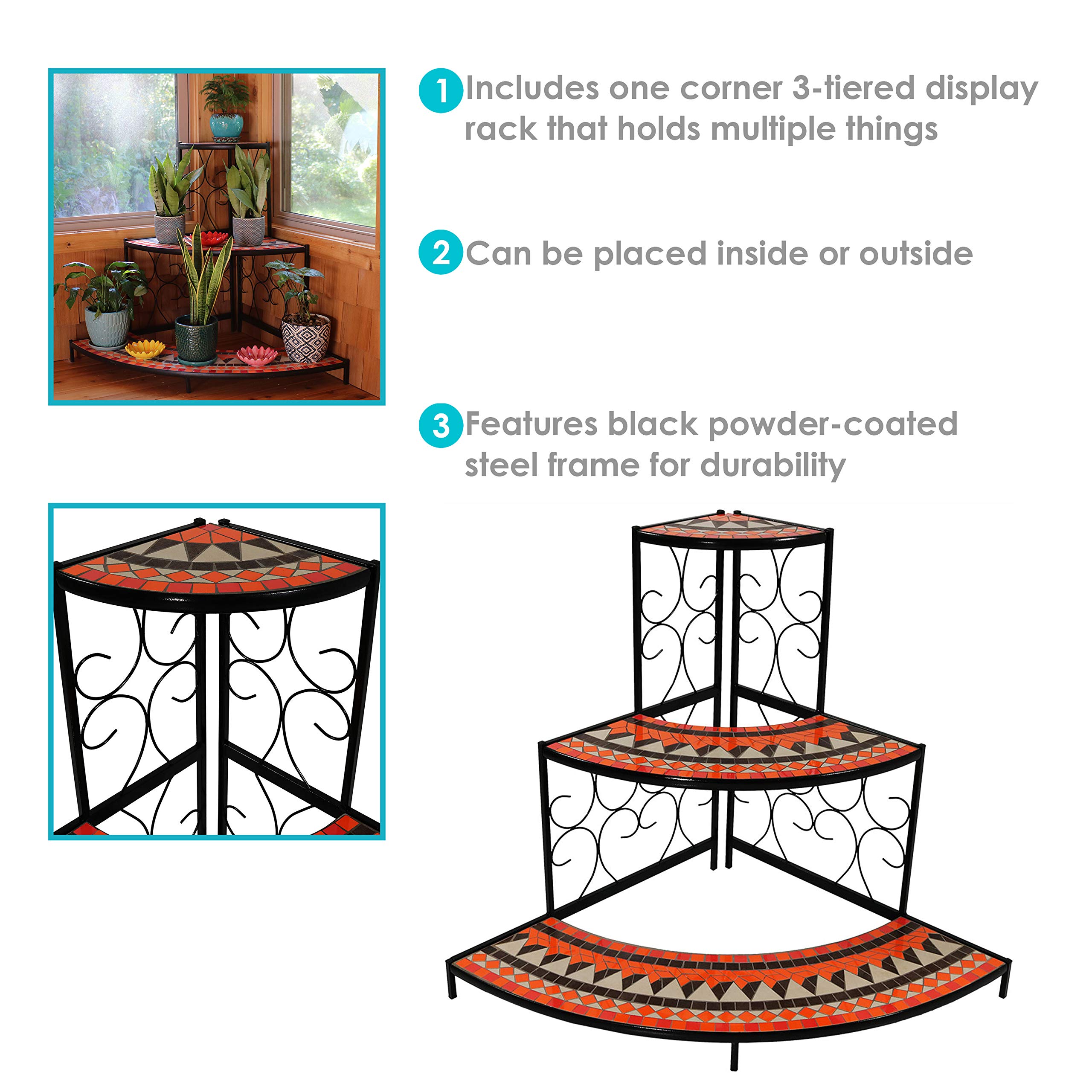 Sunnydaze Large 3-Tier Mosaic Plant Stand - Indoor or Outdoor Metal Corner Flower Pot Shelf - 40" H