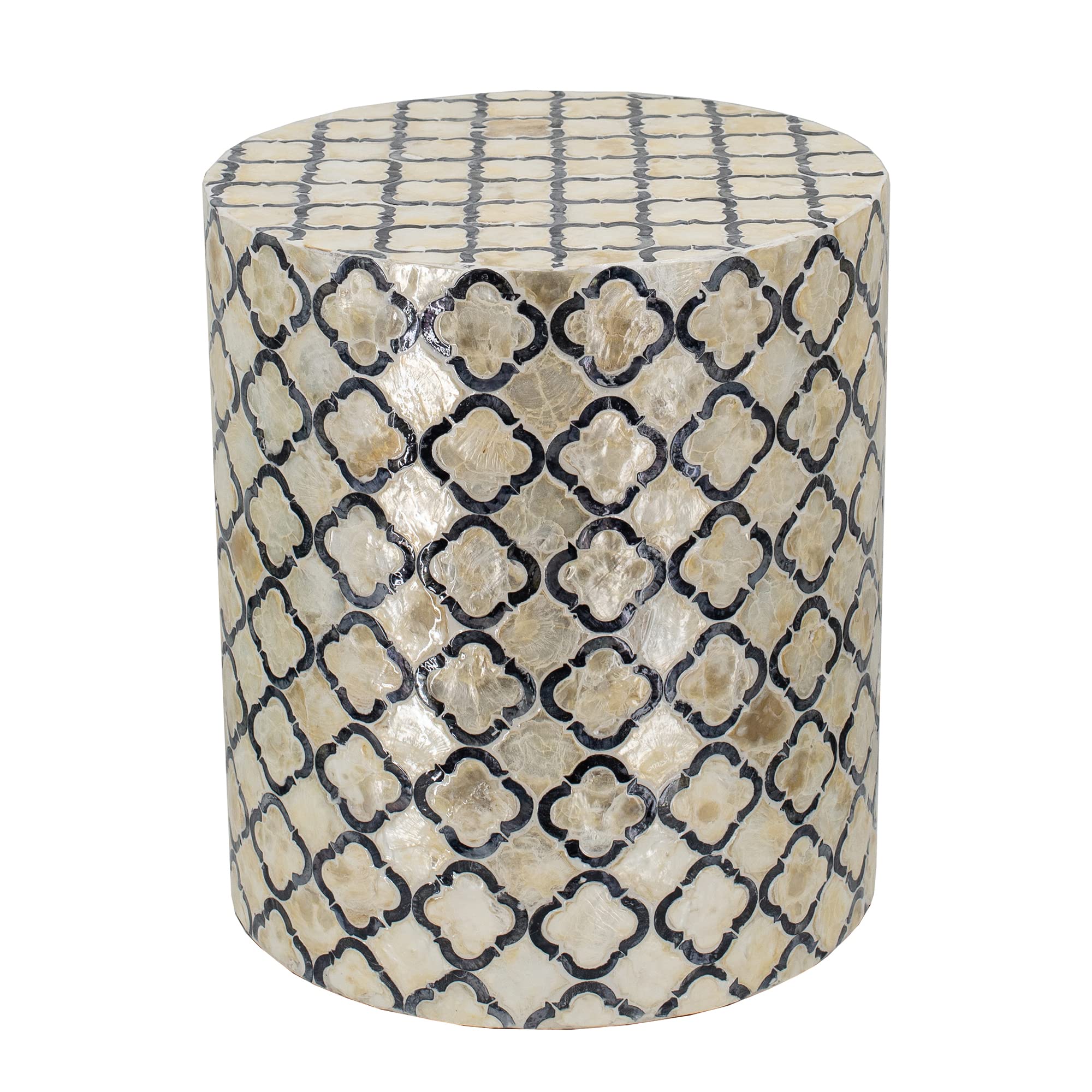 A&B Home Accent Table Capiz Stool, Black & Cream Mosaic Coffee Table, Living Room Plant Stand, 14" x 14" x 16"