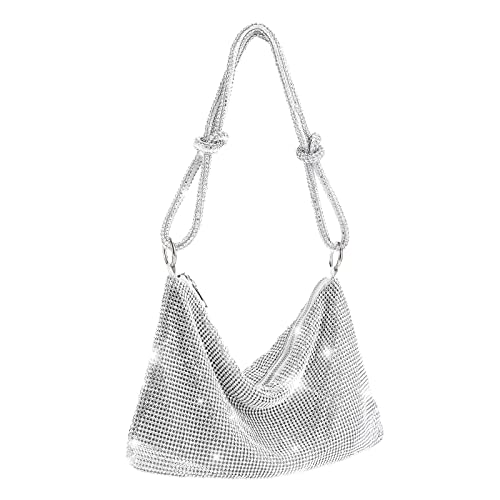 QIANCHANG Rhinestone Handbag for Women Party Wedding Shiny Silver Purse Sling Evening Bag (Select-silvery)