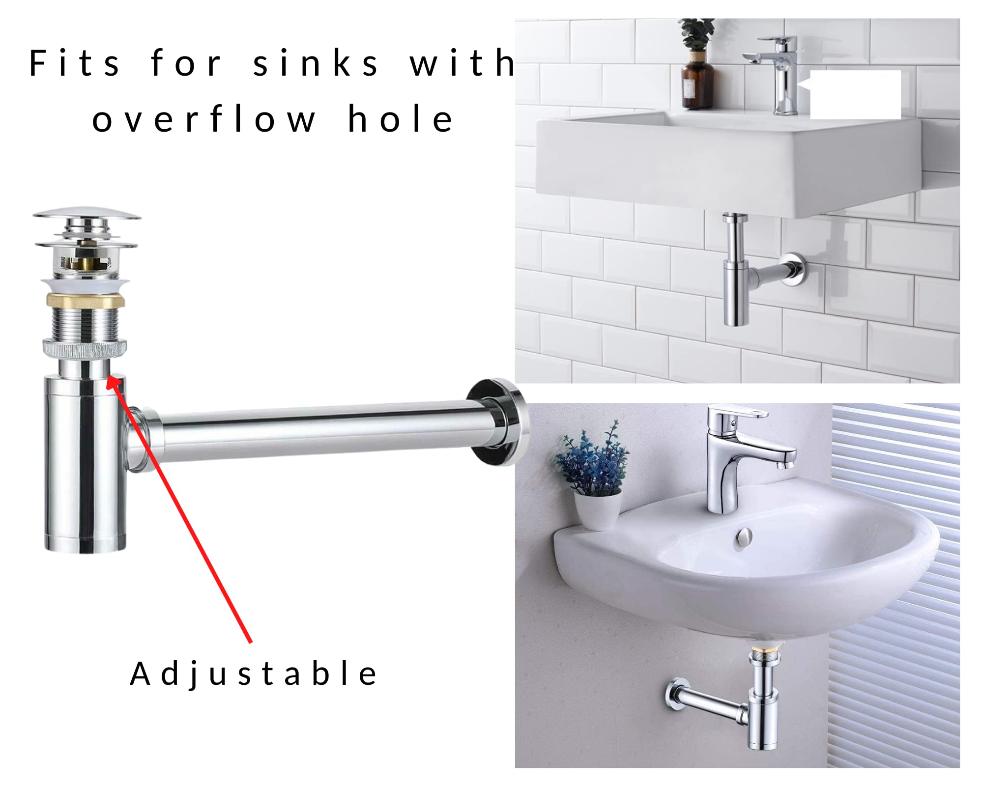 Brass Round P-Trap Waste Pipe Kit Pop Up Sink Drain Stopper Polished Chrome Detachable Anti-Clogging Basket Stopper