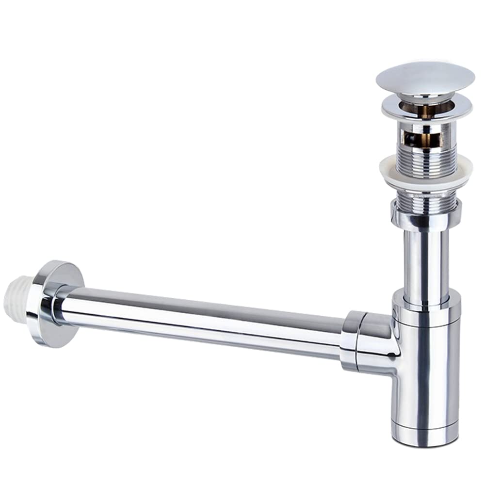 Brass Round P-Trap Waste Pipe Kit Pop Up Sink Drain Stopper Polished Chrome Detachable Anti-Clogging Basket Stopper