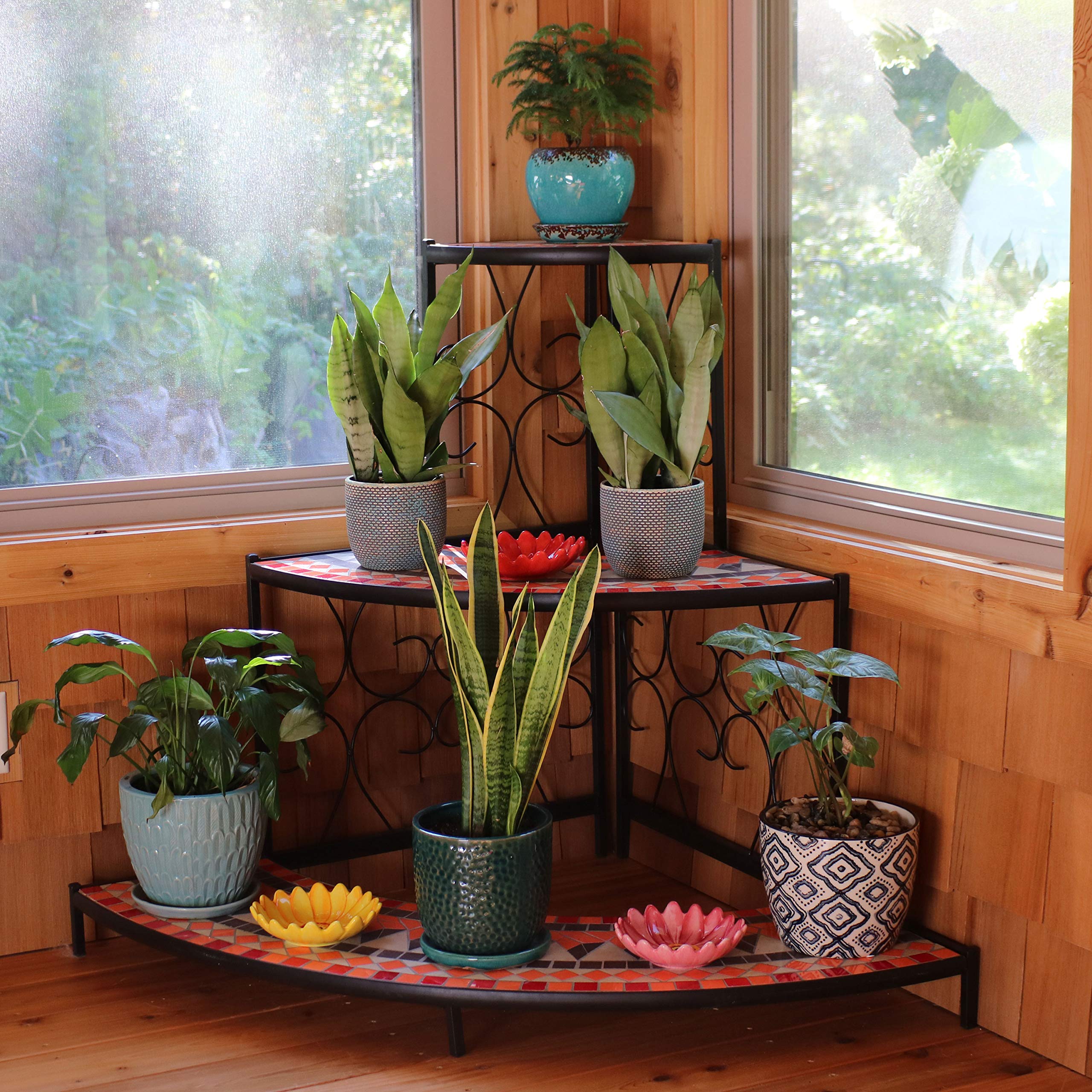 Sunnydaze Large 3-Tier Mosaic Plant Stand - Indoor or Outdoor Metal Corner Flower Pot Shelf - 40" H