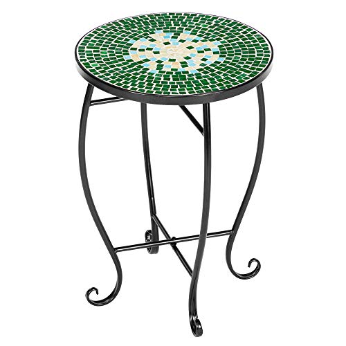 Henf Mosaic Side Table Outdoor Patio Accent Table, 14" Round Coffee Table End Table Plant Stand Decor for Porch Balcony Deck Pool