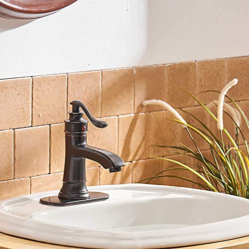 Bathfinesse Oil Rubbed Bronze Bathroom Faucet Single Handle Single Hole Farmhouse Stream Bathroom Sink Faucets & Parts with Pop Up Drain Assembly Vanity Supply Hose Lead-Free