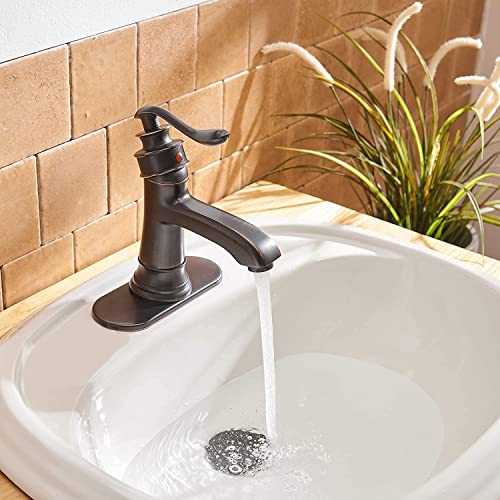 Bathfinesse Oil Rubbed Bronze Bathroom Faucet Single Handle Single Hole Farmhouse Stream Bathroom Sink Faucets & Parts with Pop Up Drain Assembly Vanity Supply Hose Lead-Free