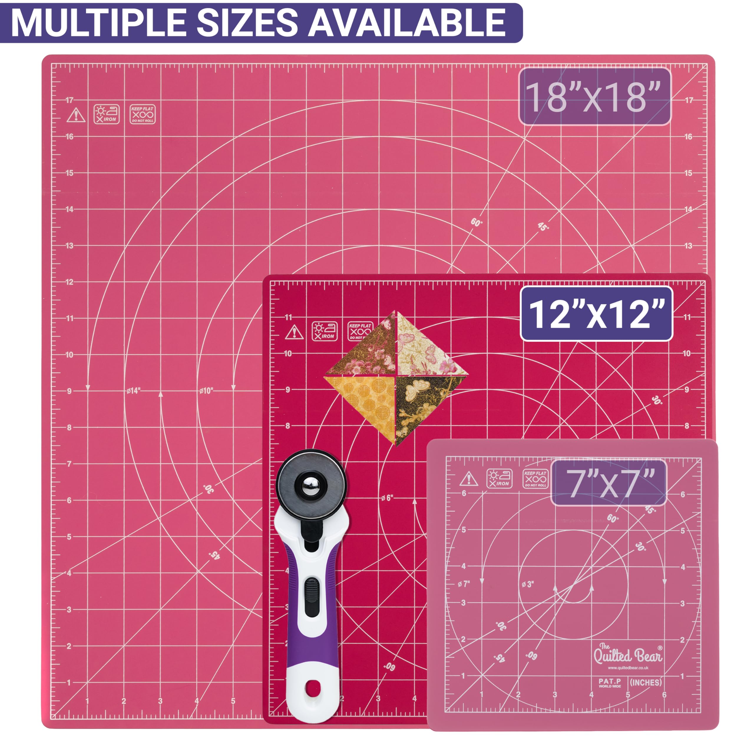The Quilted Bear Rotating Cutting Mat 12" x 12" - Square Self Healing 360° Rotating Craft Cutting Mat with Innovative Locking Mechanism for Quilting & Sewing Your Choice of Colours Available! (Pink)