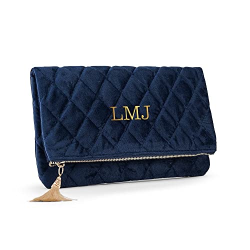 WEDDINGSTAR Custom Embroidered Fold Over Velvet Clutch - Navy Blue
