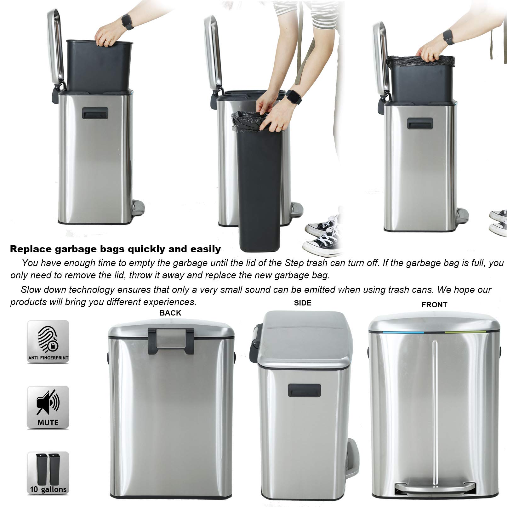 10 Gallon 40L Trash Can with Lid for Office Kitchen Metal Trash Can, Step Trash Can Wastebasket, Room Large Recycling Stainless Steel Trash Can, Garbage Container Bin, 2 Removable Liner Bucket Area