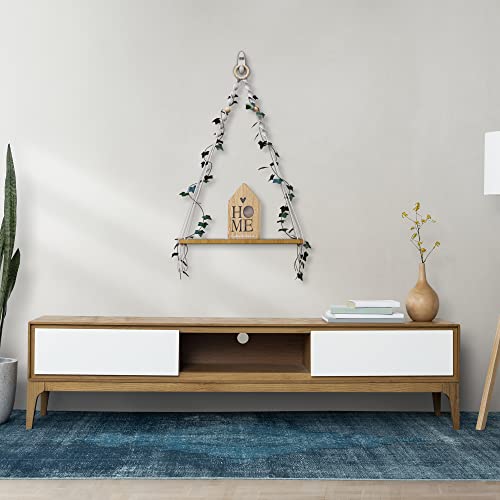 MACOLOGY Macrame Wall Decor-Boho Decor-2 Pack of Shelves with Ivy Plants-Boho Wall Decor-Hanging Shelves for Wall-Room Decor-Wood Shelving-Chic Aesthetic-Wall Shelves for Plants-Bohemian Shelves