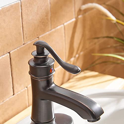 Bathfinesse Oil Rubbed Bronze Bathroom Faucet Single Handle Single Hole Farmhouse Stream Bathroom Sink Faucets & Parts with Pop Up Drain Assembly Vanity Supply Hose Lead-Free