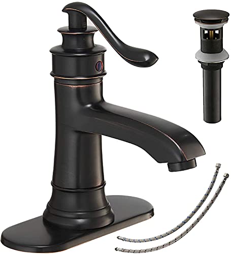 Bathfinesse Oil Rubbed Bronze Bathroom Faucet Single Handle Single Hole Farmhouse Stream Bathroom Sink Faucets & Parts with Pop Up Drain Assembly Vanity Supply Hose Lead-Free