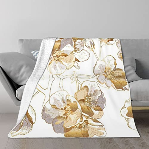 Blanket,Silver White with Light Gold Cherry Flowers Black Sakura Floral,Throw Blanket Lightweight Soft Warm Blanket Flannel Fleece Blankets for Couch Living Room 80"x60"