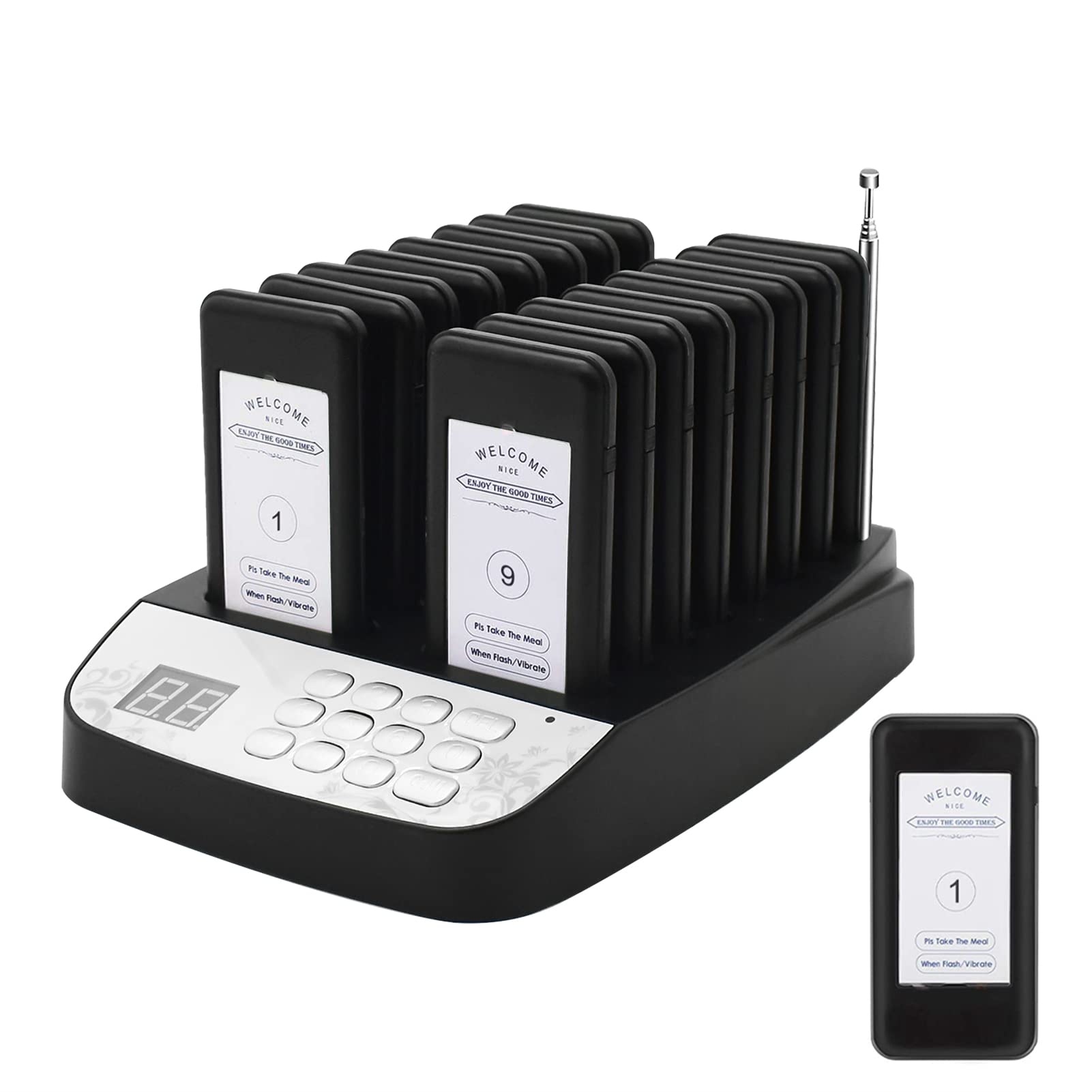 WWMFS Restaurant Pager System 16 Pagers, Wireless Social Distance Restaurant Waiting Buzzer System, Guest Calling Pagers and Beepers for Food Truck, Church, Nursery, Hospital (Black-16 Pagers)