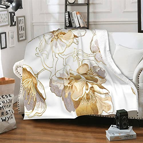 Blanket,Silver White with Light Gold Cherry Flowers Black Sakura Floral,Throw Blanket Lightweight Soft Warm Blanket Flannel Fleece Blankets for Couch Living Room 80"x60"