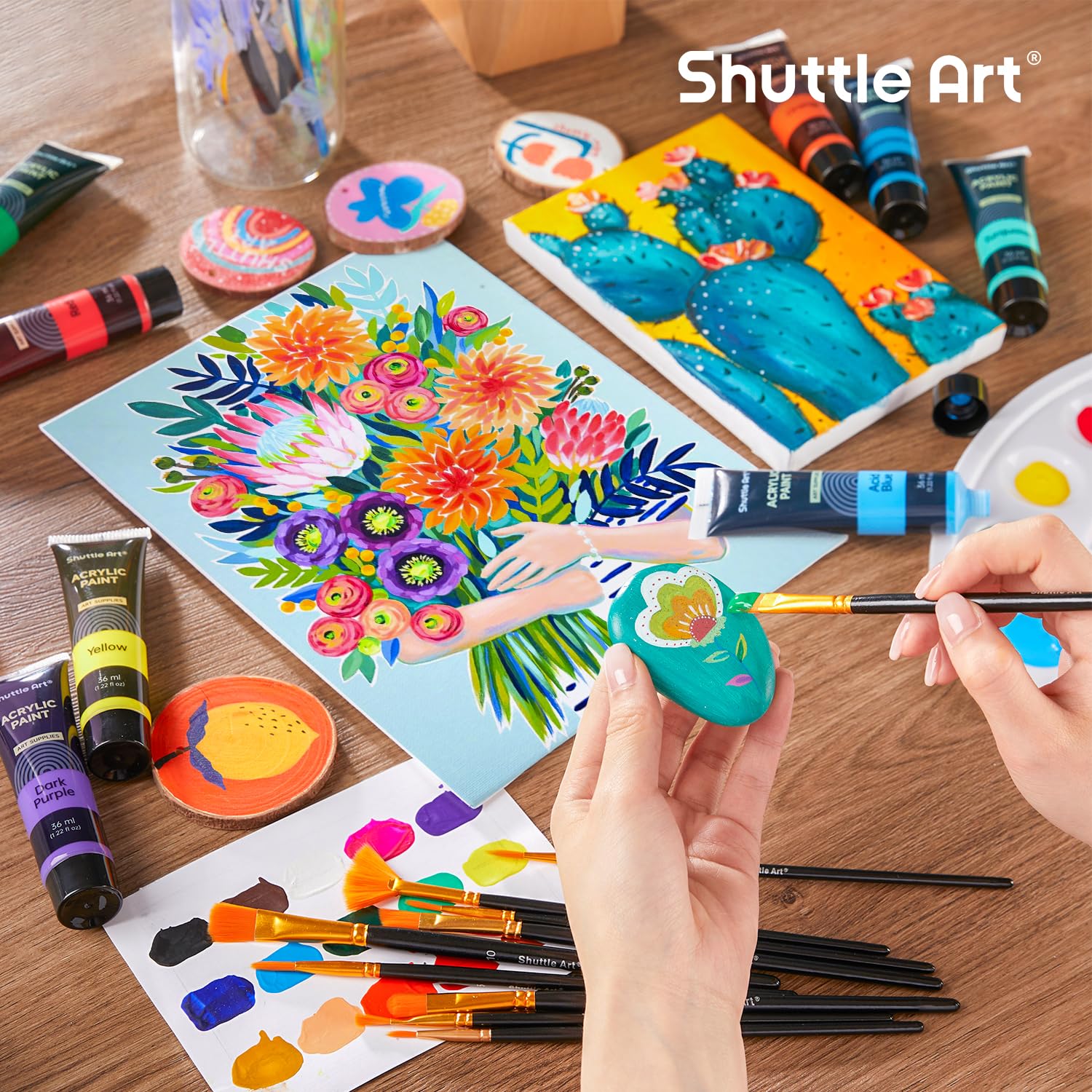 48 Pack Acrylic Paint Set, Shuttle Art 30 Colors Acrylic Paint (36ml) with 10 Brushes 5 Canvas 1 Paint Knife 1 Palette 1 Sponge, Complete Set for Kids, Adults Painting on Canvas Rocks Wood Ceramic