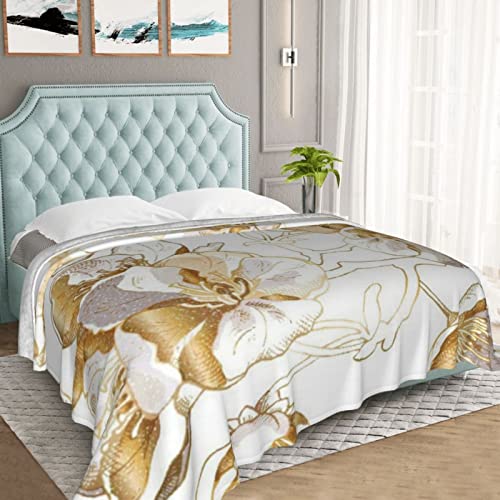 Blanket,Silver White with Light Gold Cherry Flowers Black Sakura Floral,Throw Blanket Lightweight Soft Warm Blanket Flannel Fleece Blankets for Couch Living Room 80"x60"
