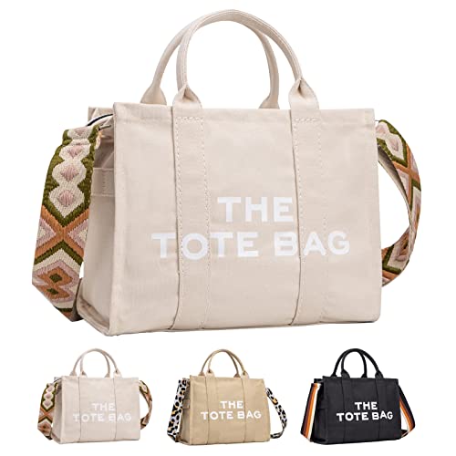 The Tote Bags for Women Travel Handbag Canvas Shoulder Bag with Zipper Crossbody Purse for Office, Travel, School (White)