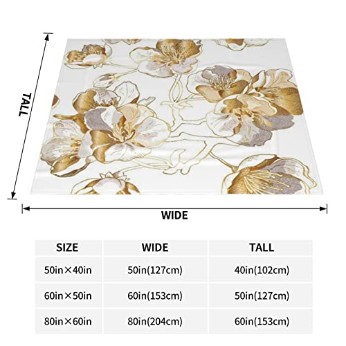 Blanket,Silver White with Light Gold Cherry Flowers Black Sakura Floral,Throw Blanket Lightweight Soft Warm Blanket Flannel Fleece Blankets for Couch Living Room 80"x60"