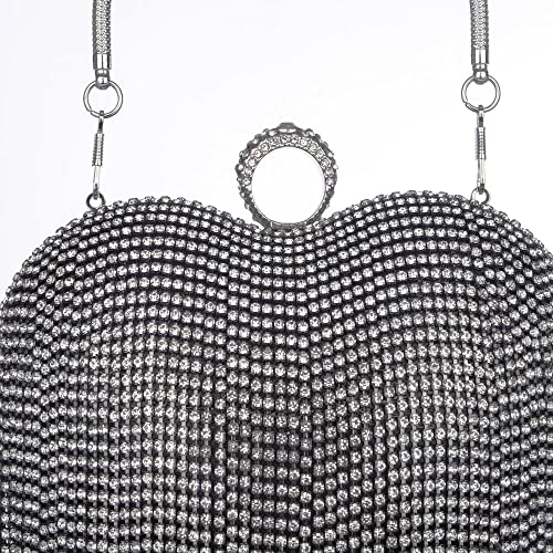 Sither Rhinestone Tassel Handbag Purses for Women Evening Handbag Purses Heart Shape Clutch Purses Sparkly Clutches Shoulder Chain Bags for Party Prom Christmas Gift (black)