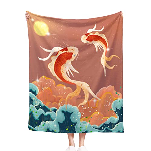 Japanese Wave Koi Fish Throw Blanket Animal Sun Flannel Blanket Utra Soft Breathable Lightweight Blanket for Couch Bed Sofa Office Room