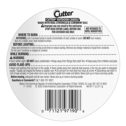 Cutter Citronella and Cornmint Outdoor Candle, 11 ounces, Made with Soy Wax for Outdoor Use