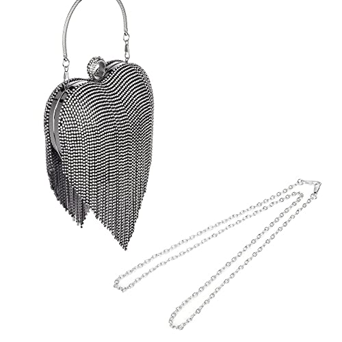 Sither Rhinestone Tassel Handbag Purses for Women Evening Handbag Purses Heart Shape Clutch Purses Sparkly Clutches Shoulder Chain Bags for Party Prom Christmas Gift (black)