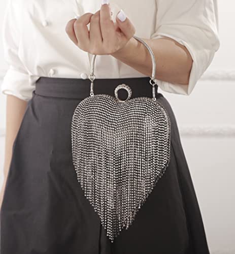 Sither Rhinestone Tassel Handbag Purses for Women Evening Handbag Purses Heart Shape Clutch Purses Sparkly Clutches Shoulder Chain Bags for Party Prom Christmas Gift (black)