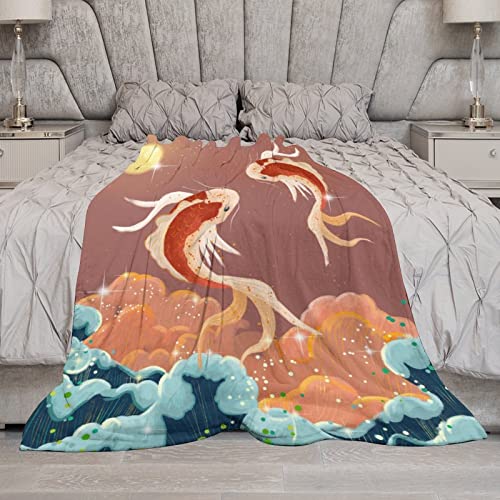 Japanese Wave Koi Fish Throw Blanket Animal Sun Flannel Blanket Utra Soft Breathable Lightweight Blanket for Couch Bed Sofa Office Room