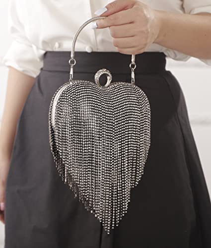 Sither Rhinestone Tassel Handbag Purses for Women Evening Handbag Purses Heart Shape Clutch Purses Sparkly Clutches Shoulder Chain Bags for Party Prom Christmas Gift (black)