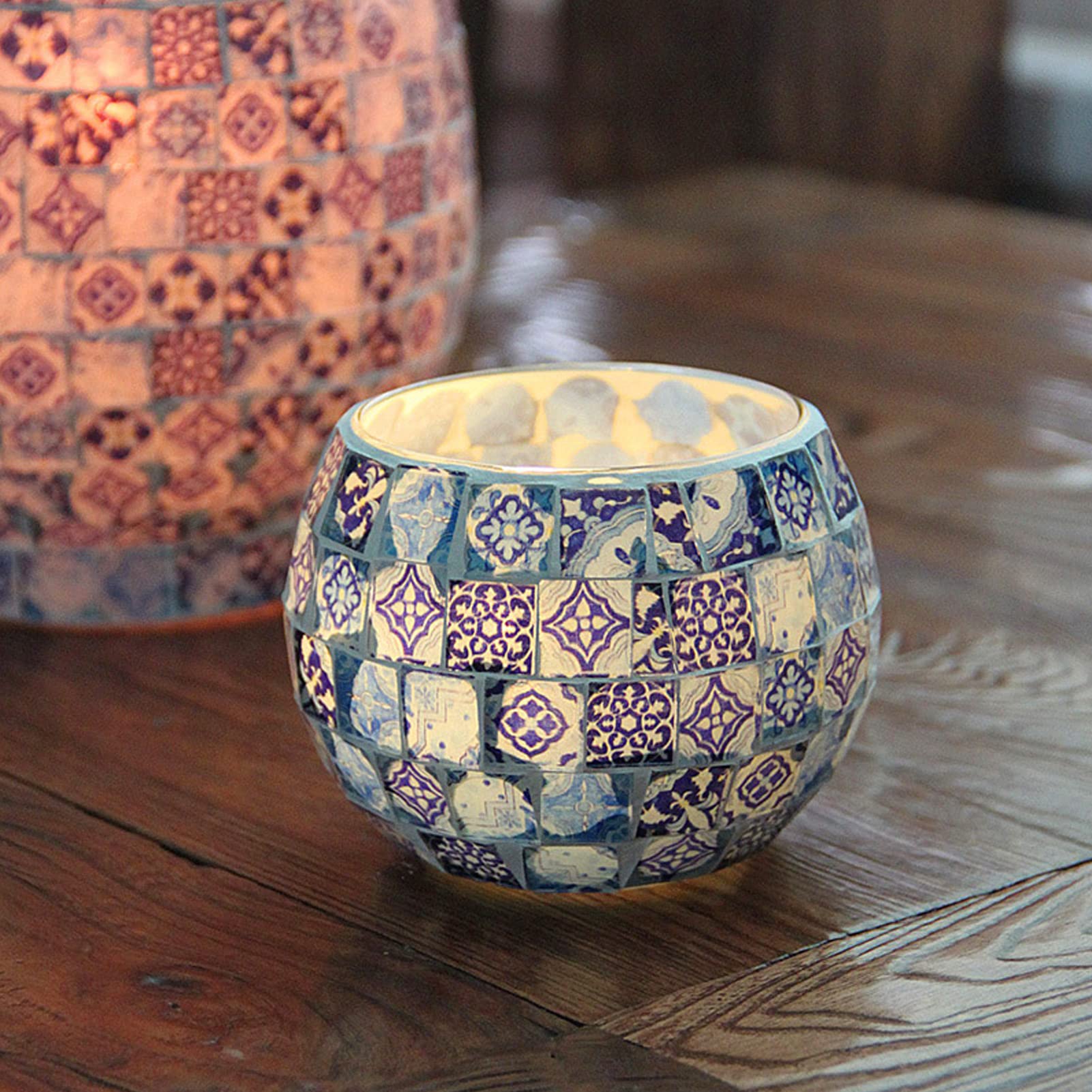 Blue and White Mosaic Candleholder, Glass Votive Candle Holders Round Bowl Tealight Holders Potted Plant Bowl Vase Candlestick Holder Table Centerpieces