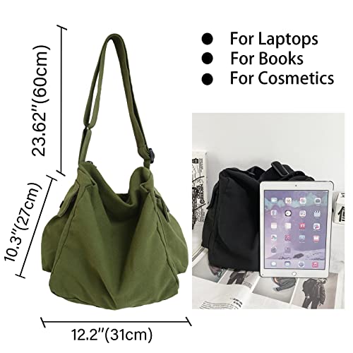 KlaOYer Canvas Messenger Bag Large Hobo Bag School Crossbody Shoulder Bag Tote Bag with Pocket for Women and Men (Coffee 2)