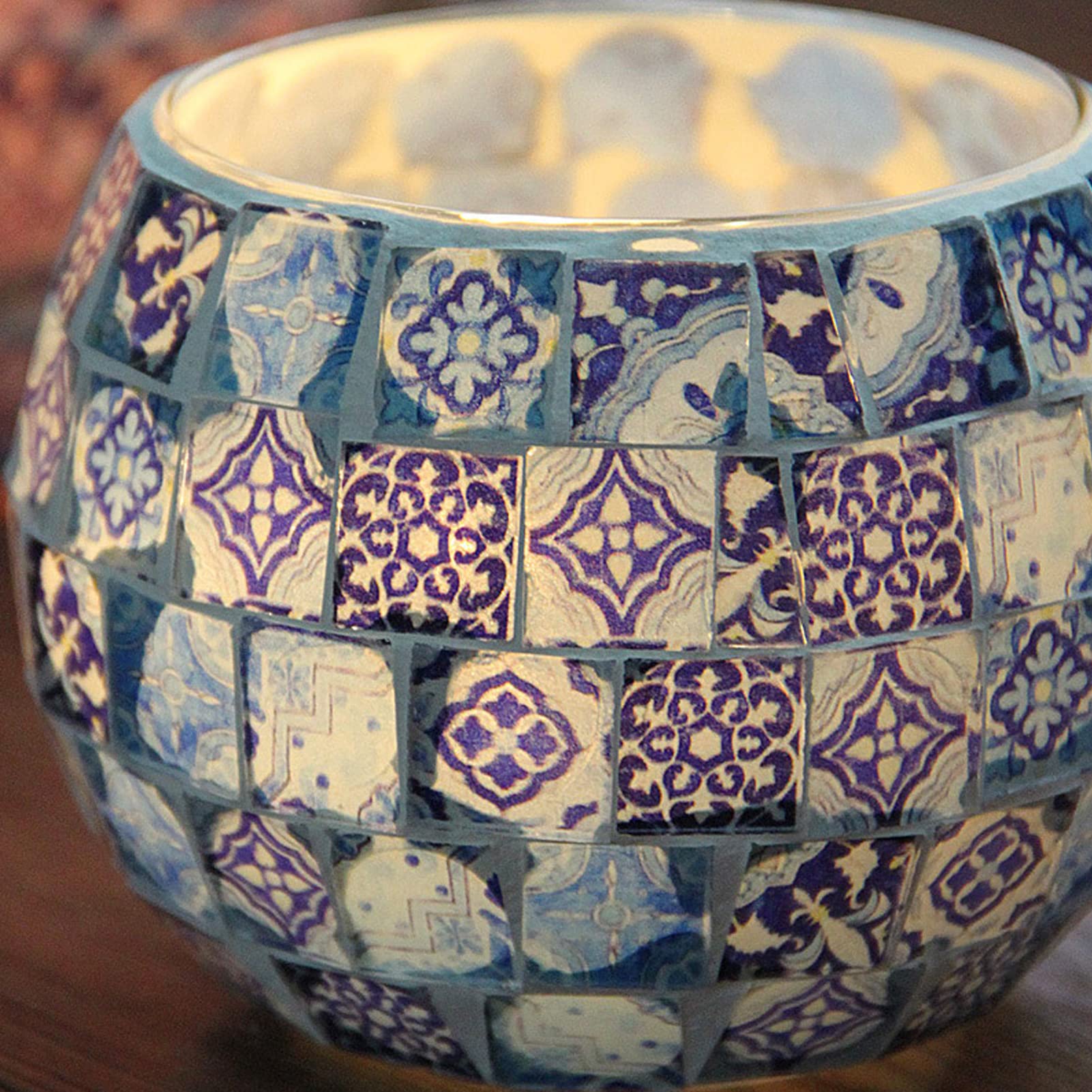 Blue and White Mosaic Candleholder, Glass Votive Candle Holders Round Bowl Tealight Holders Potted Plant Bowl Vase Candlestick Holder Table Centerpieces