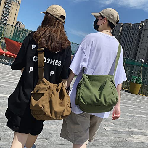 KlaOYer Canvas Messenger Bag Large Hobo Bag School Crossbody Shoulder Bag Tote Bag with Pocket for Women and Men (Coffee 2)
