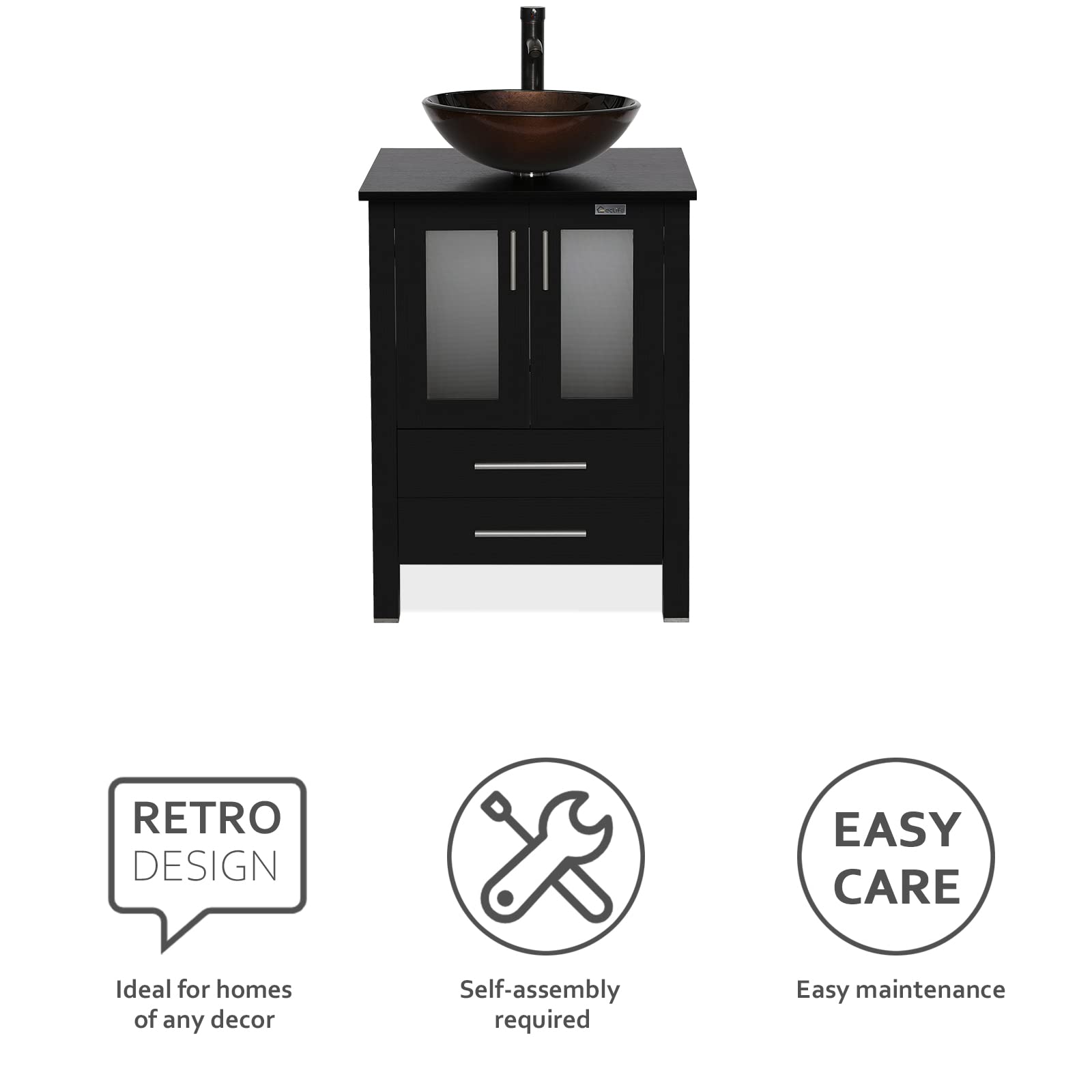 eclife 24" Modern Bathroom Vanity Sink Combo Black Stand Cabinet with Brown Round Tempered Glass Vessel Sink & Water Save Faucet & Pop Up Drain (A09)
