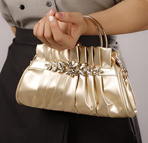 Sither Small Color Handbag Purses for Women Leather Handbag Purses with Crystal Clutch Purses Shoulder Chain Bags for Daily Party Prom Christmas Gift (gold)