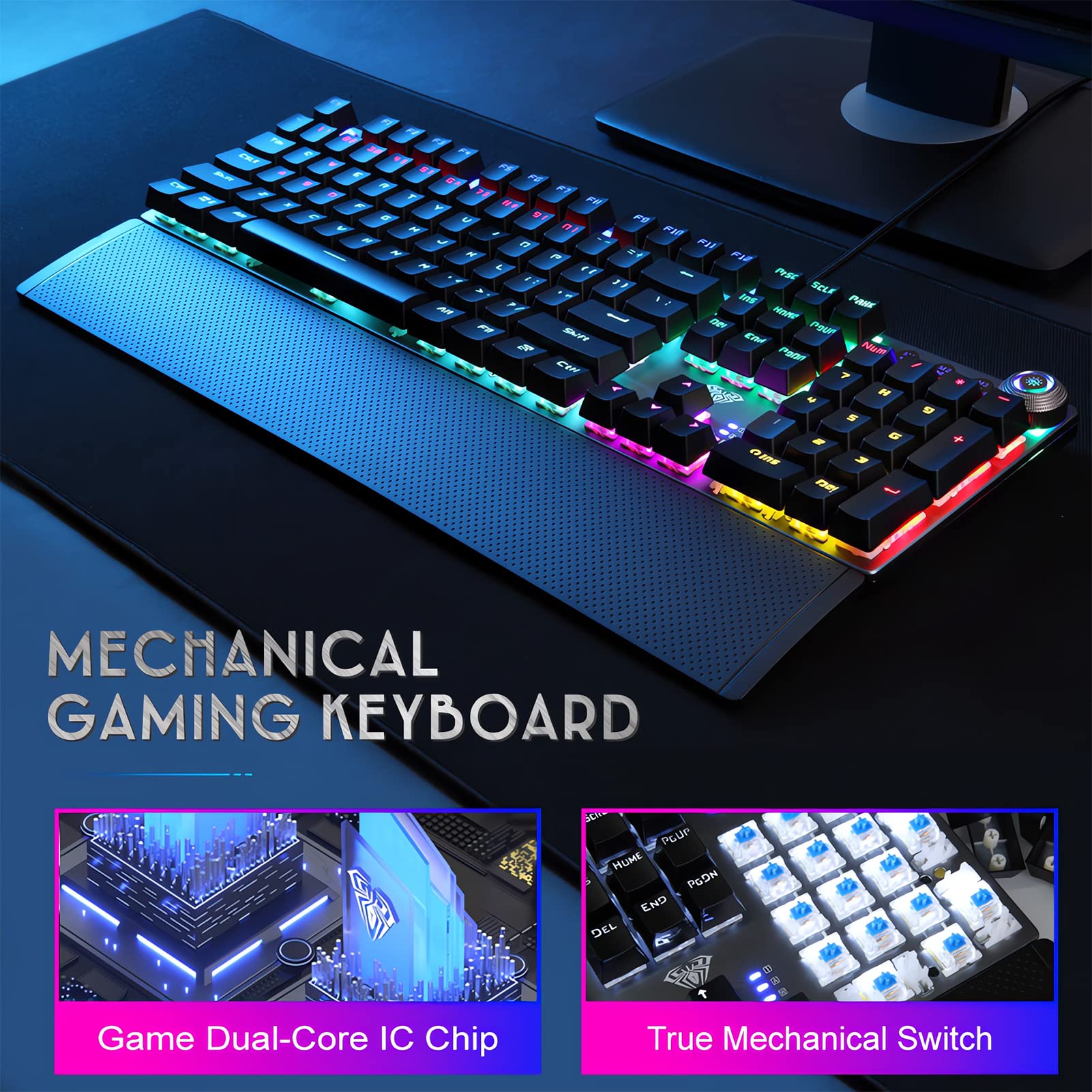 AULA Mechanical Gaming Keyboard Blue Switches,Rainbow LED Backlit,Ergonomic Wrist Rest,Aluminum Base,Full Size 108 Keys Anti-Ghosting,Macro Programmable Computer Keyboard Wired for PC Laptop