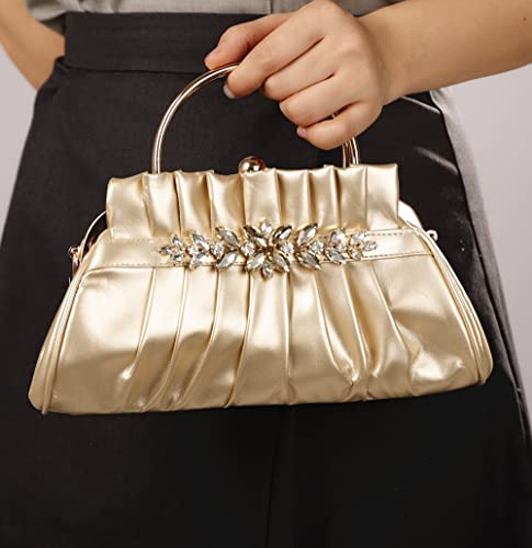 Sither Small Color Handbag Purses for Women Leather Handbag Purses with Crystal Clutch Purses Shoulder Chain Bags for Daily Party Prom Christmas Gift (gold)