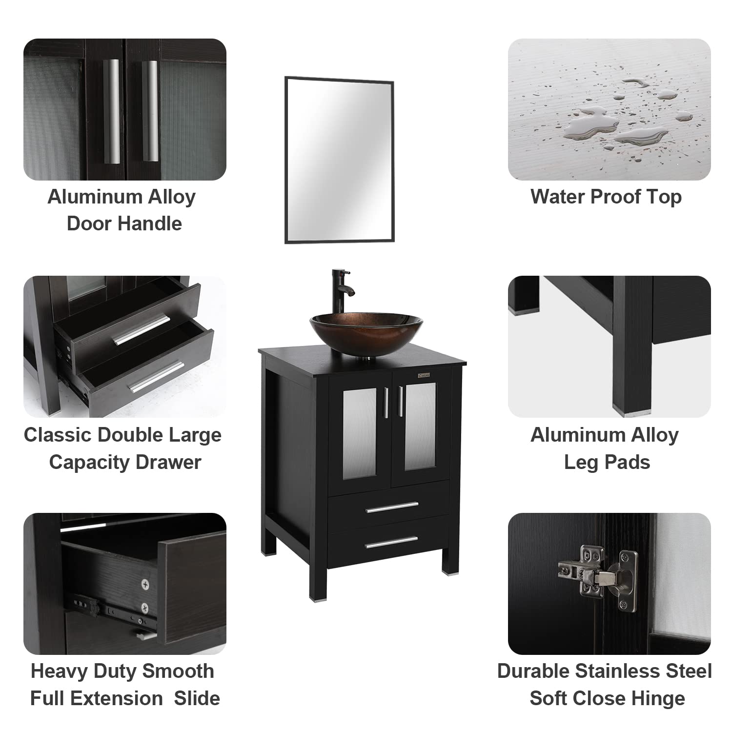 eclife 24" Modern Bathroom Vanity Sink Combo Black Stand Cabinet with Brown Round Tempered Glass Vessel Sink & Water Save Faucet & Pop Up Drain (A09)