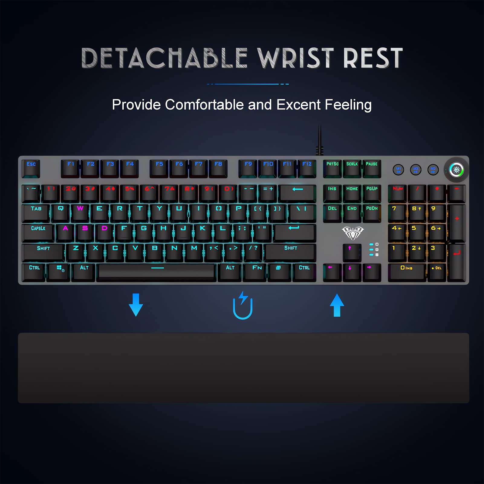 AULA Mechanical Gaming Keyboard Blue Switches,Rainbow LED Backlit,Ergonomic Wrist Rest,Aluminum Base,Full Size 108 Keys Anti-Ghosting,Macro Programmable Computer Keyboard Wired for PC Laptop