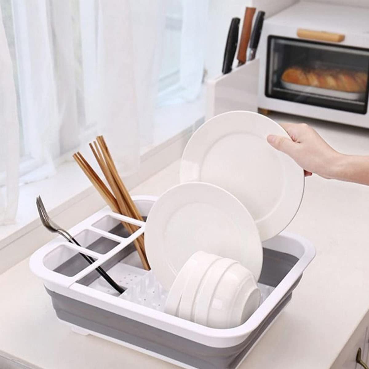 udNmlaiebot Dish Drying Rack, Collapsible Dish Drainer with Drainer Board, Popup and Collapse for Easy Storage Dish, Portable Dish Drainer Organizer for Kitchen RV Campers(Grey-White), Navy