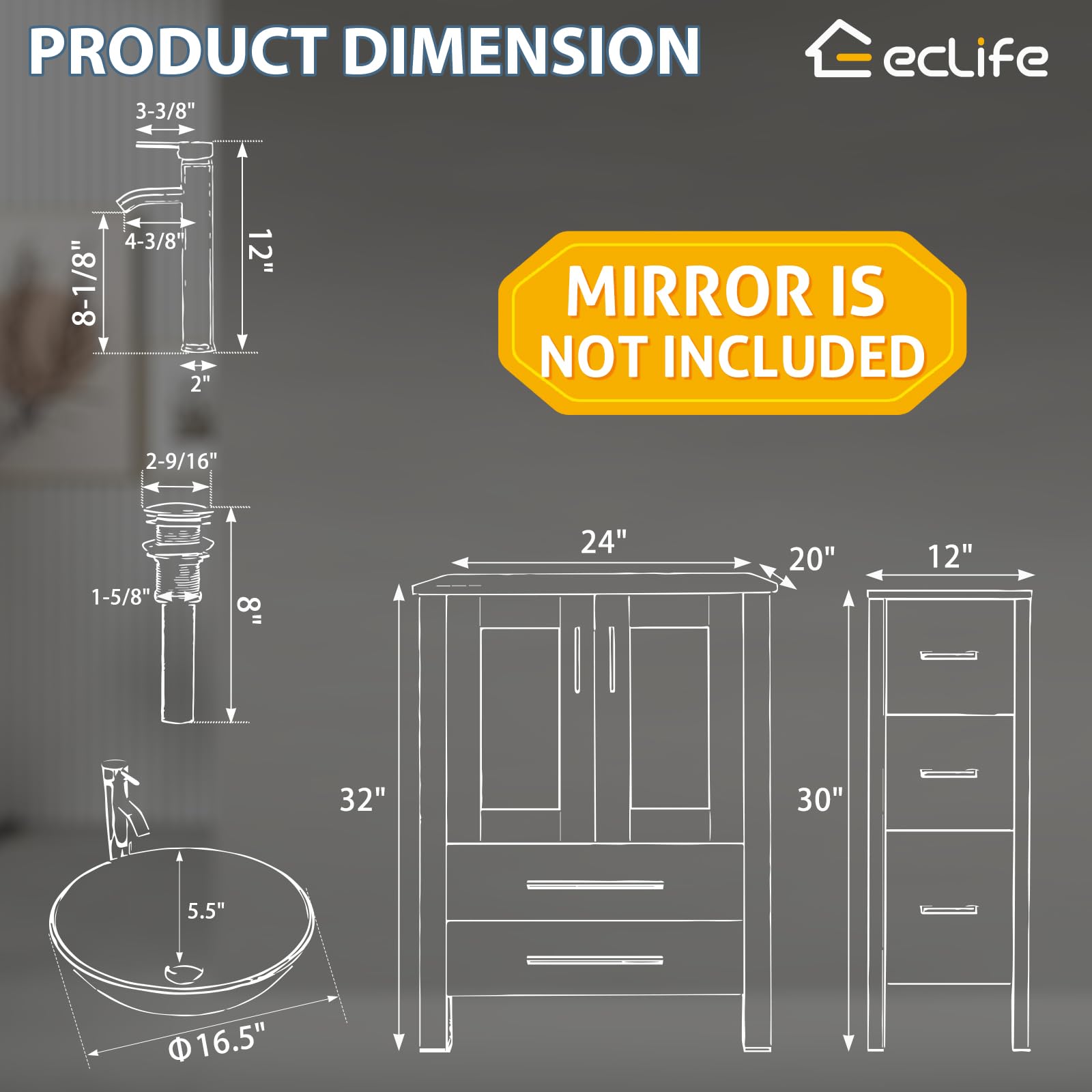 eclife 24" Modern Bathroom Vanity Sink Combo Black Stand Cabinet with Brown Round Tempered Glass Vessel Sink & Water Save Faucet & Pop Up Drain (A09)