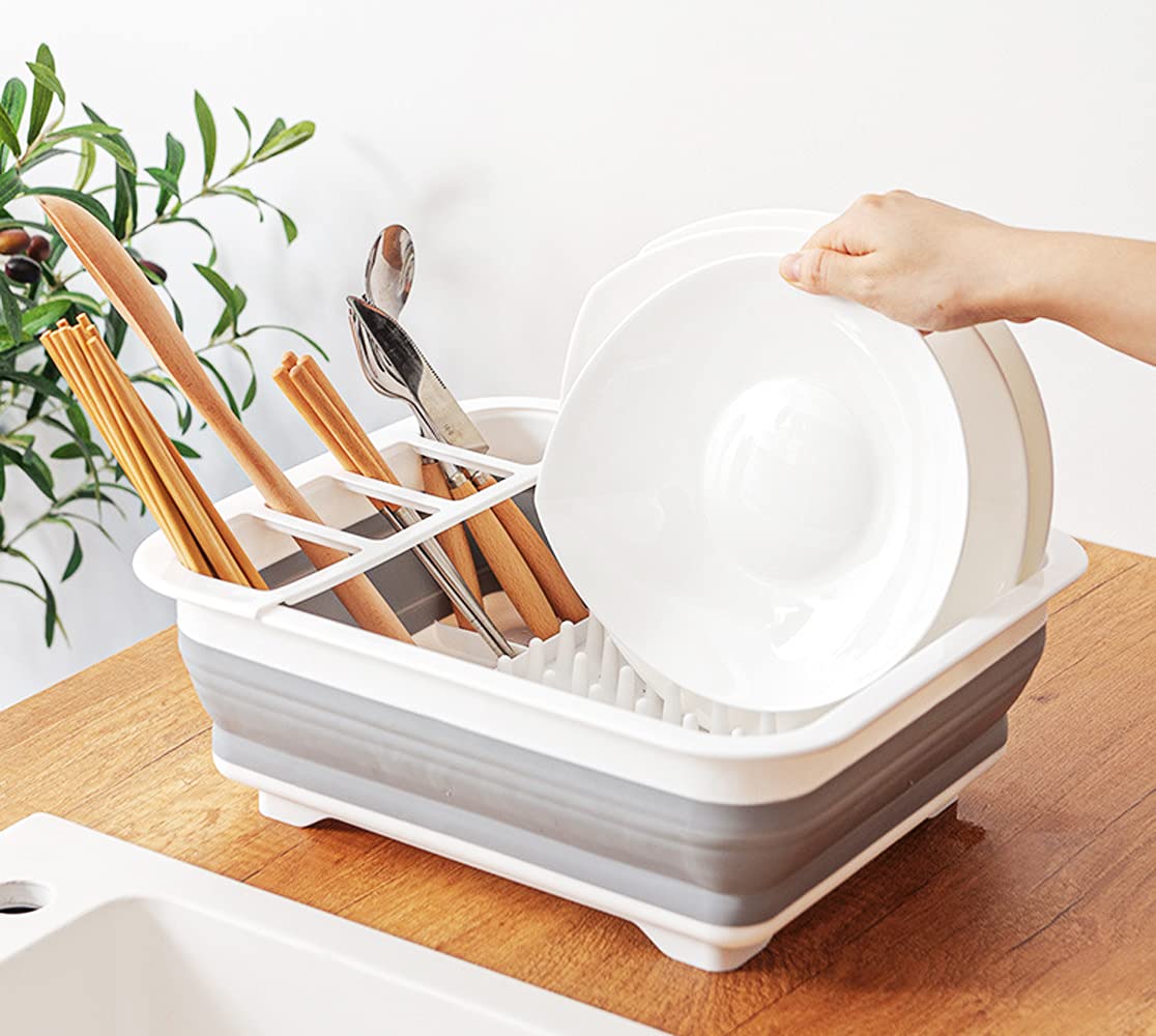 udNmlaiebot Dish Drying Rack, Collapsible Dish Drainer with Drainer Board, Popup and Collapse for Easy Storage Dish, Portable Dish Drainer Organizer for Kitchen RV Campers(Grey-White), Navy