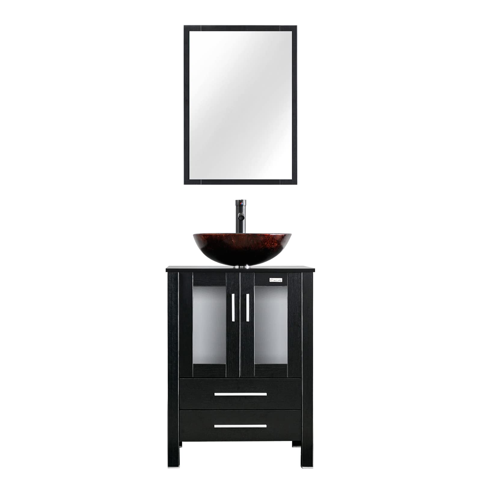 eclife 24" Modern Bathroom Vanity Sink Combo Black Stand Cabinet with Brown Round Tempered Glass Vessel Sink & Water Save Faucet & Pop Up Drain (A09)