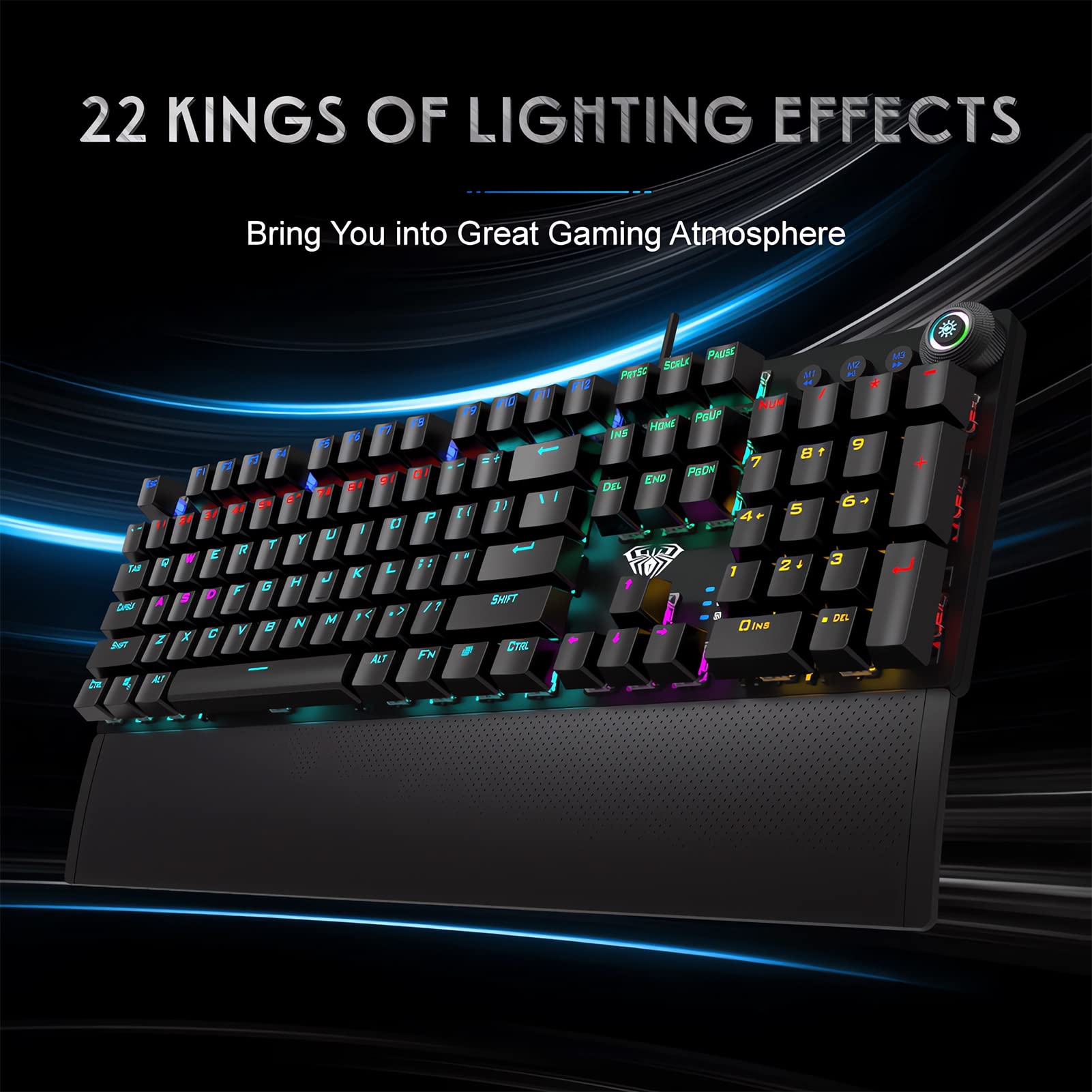 AULA Mechanical Gaming Keyboard Blue Switches,Rainbow LED Backlit,Ergonomic Wrist Rest,Aluminum Base,Full Size 108 Keys Anti-Ghosting,Macro Programmable Computer Keyboard Wired for PC Laptop