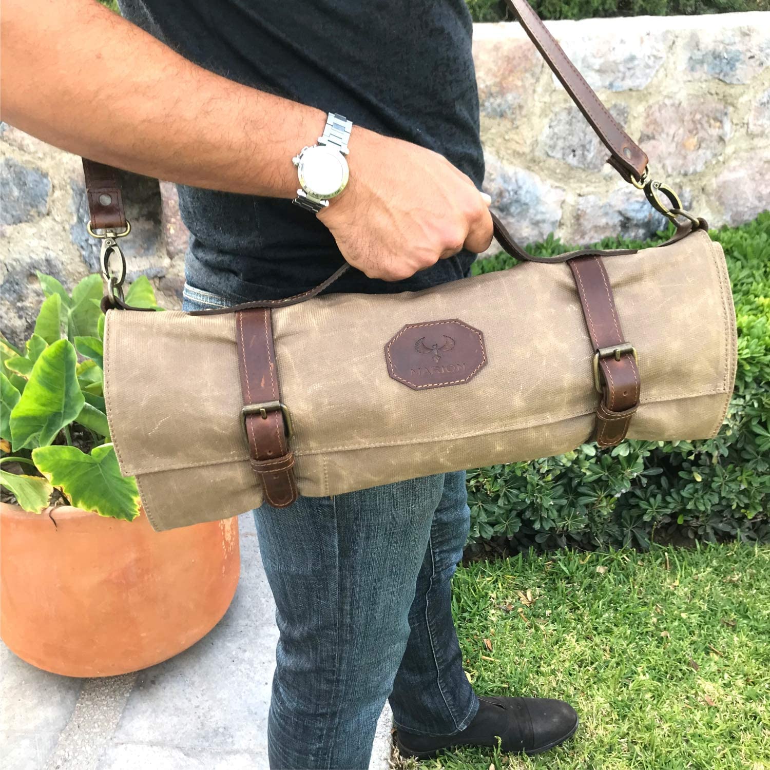 Lynx Soul MARION - LE VOYAGEUR - Waxed Canvas with Genuine Calf Top Grain Leather - Handcrafted Professional Chef's Knife Storage Roll Bag - 8 Pockets - (Sand)