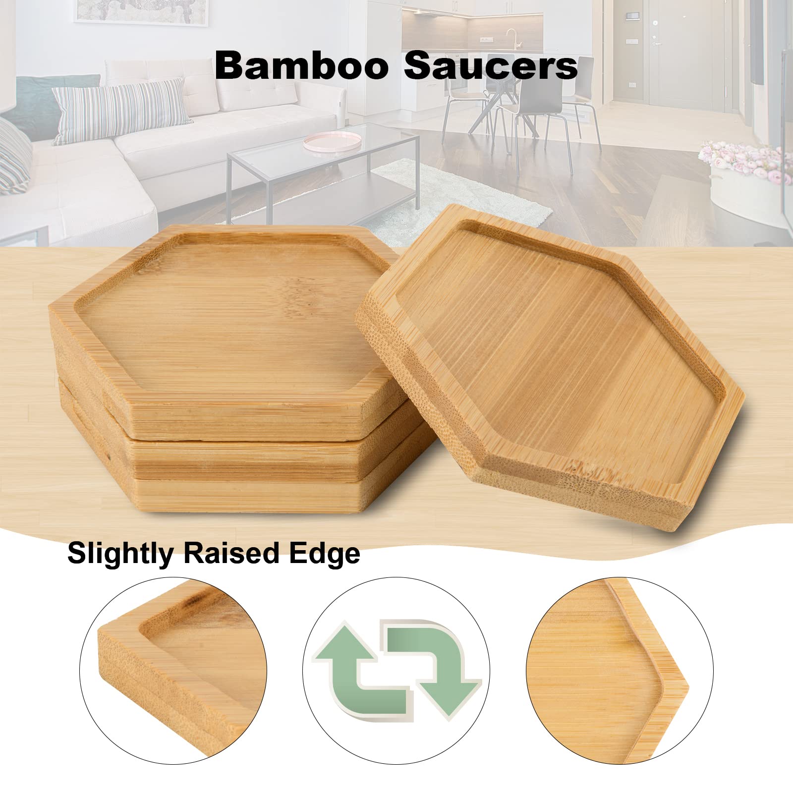 Cosmos 4 Pcs Bamboo Plant Saucer Succulent Pot Holder Drainage Tray with Raised Edge for 3.5 Inch Small Plant Flower Pots (Hexagon Shape)