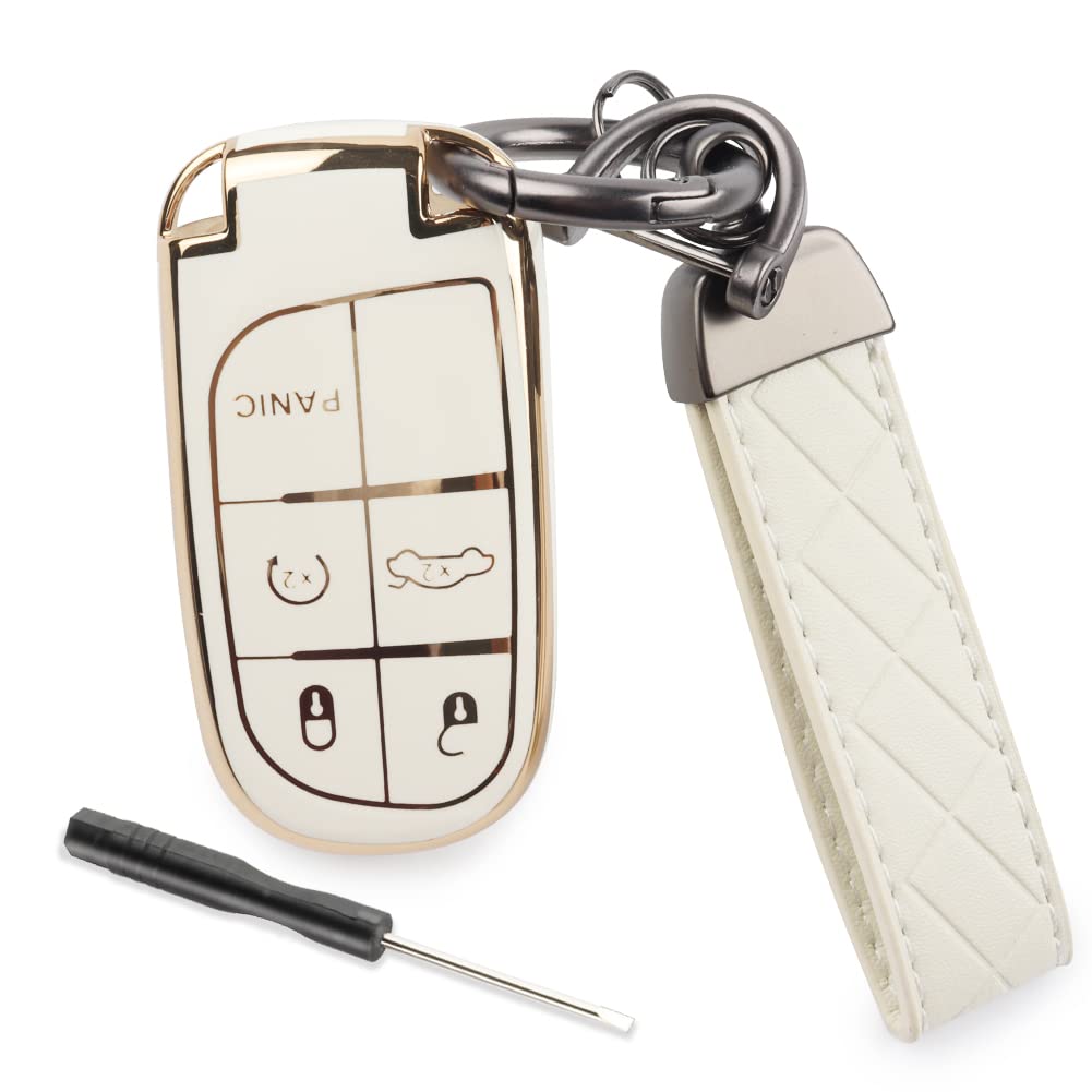 Compatible with Jeep Key Fob Cover with Keychain Grand Cherokee Renegade Chrysler Dodge RAM Journey Dart Fiat Smart Key 3 4 5 Buttons Holder - Premium Protection Car Key Case Shell, Anti-dust, White