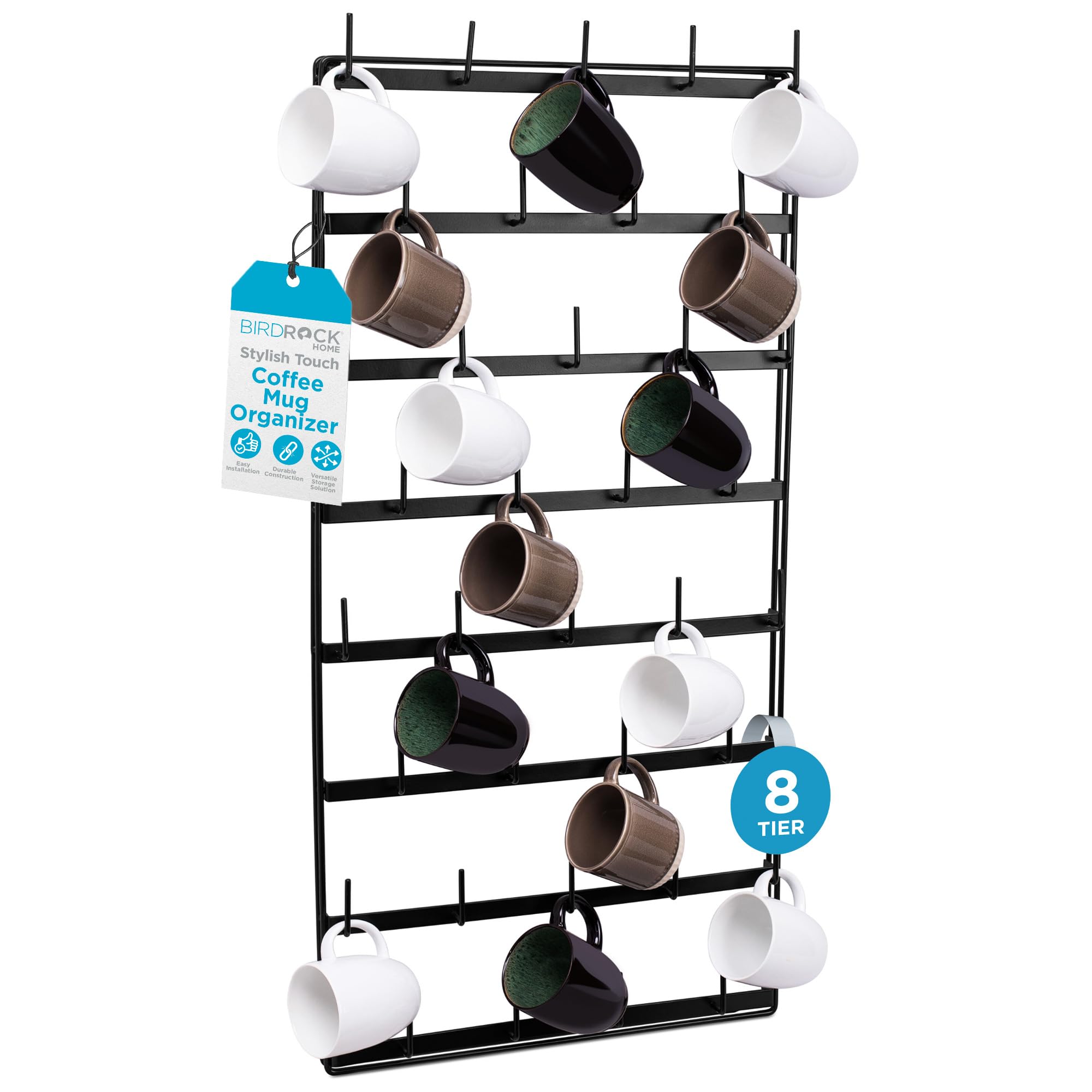 BirdRock Home 36 Peg Mug Rack for Wall - Coffee Tea Cup Glass Storage Holder - Coffee Bar Display Décor - Decorative Kitchen Organizer - Heavy Duty Rack - Flat Black Metal Steel