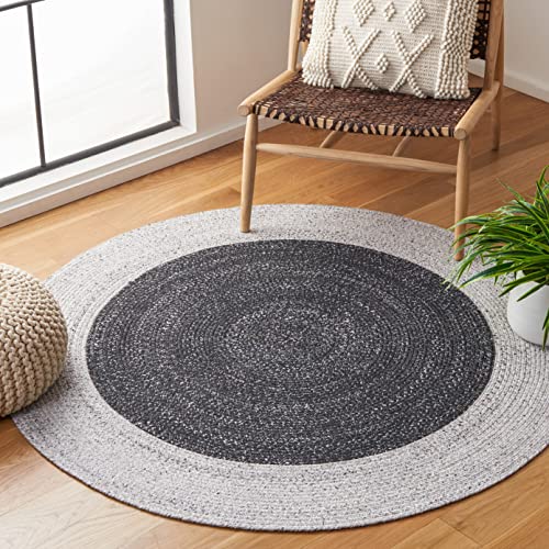 Safavieh Braided Collection 4' x 4' Round Black/Light Grey BRD803F Handmade Country Farmhouse Area Rug